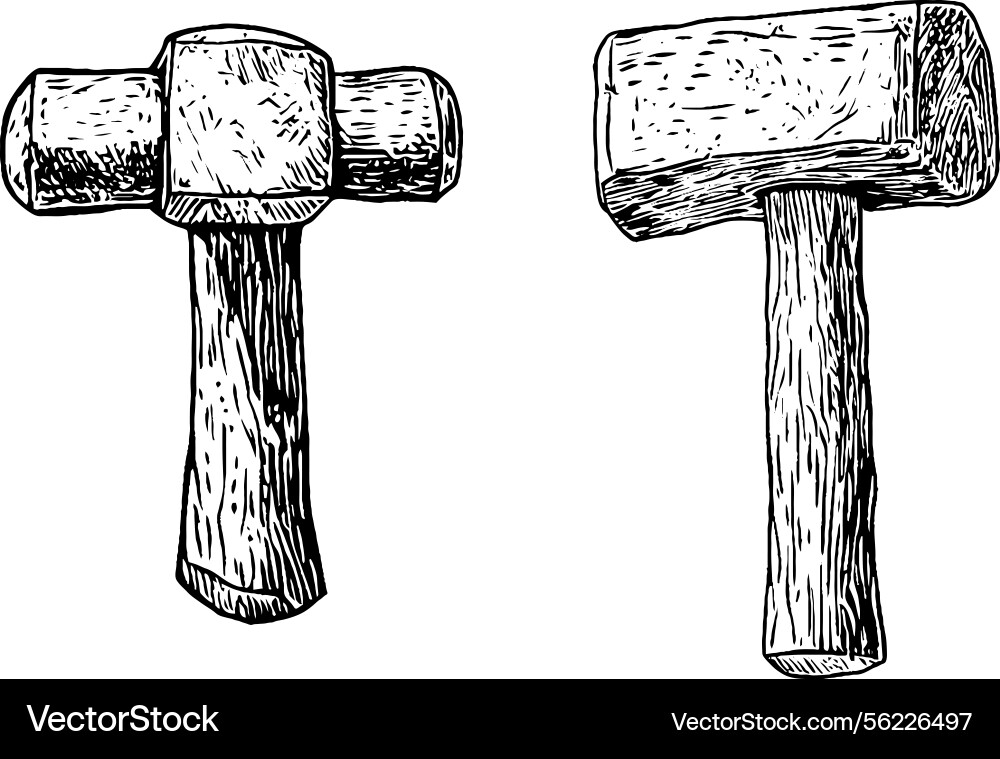 Two hand-drawn wooden mallets one viewed from Vector Image