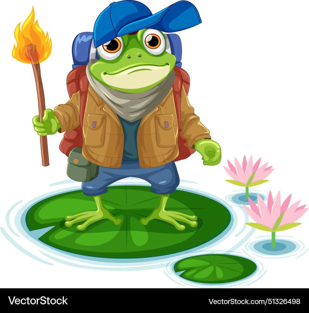 Cartoon frog with backpack and torch standing Vector Image