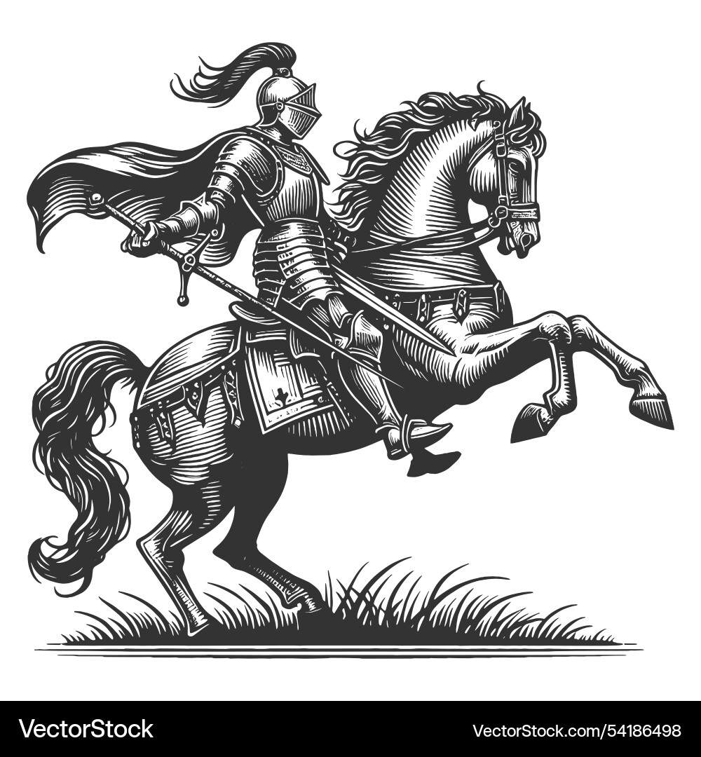 Medieval knight on horseback engraving Royalty Free Vector