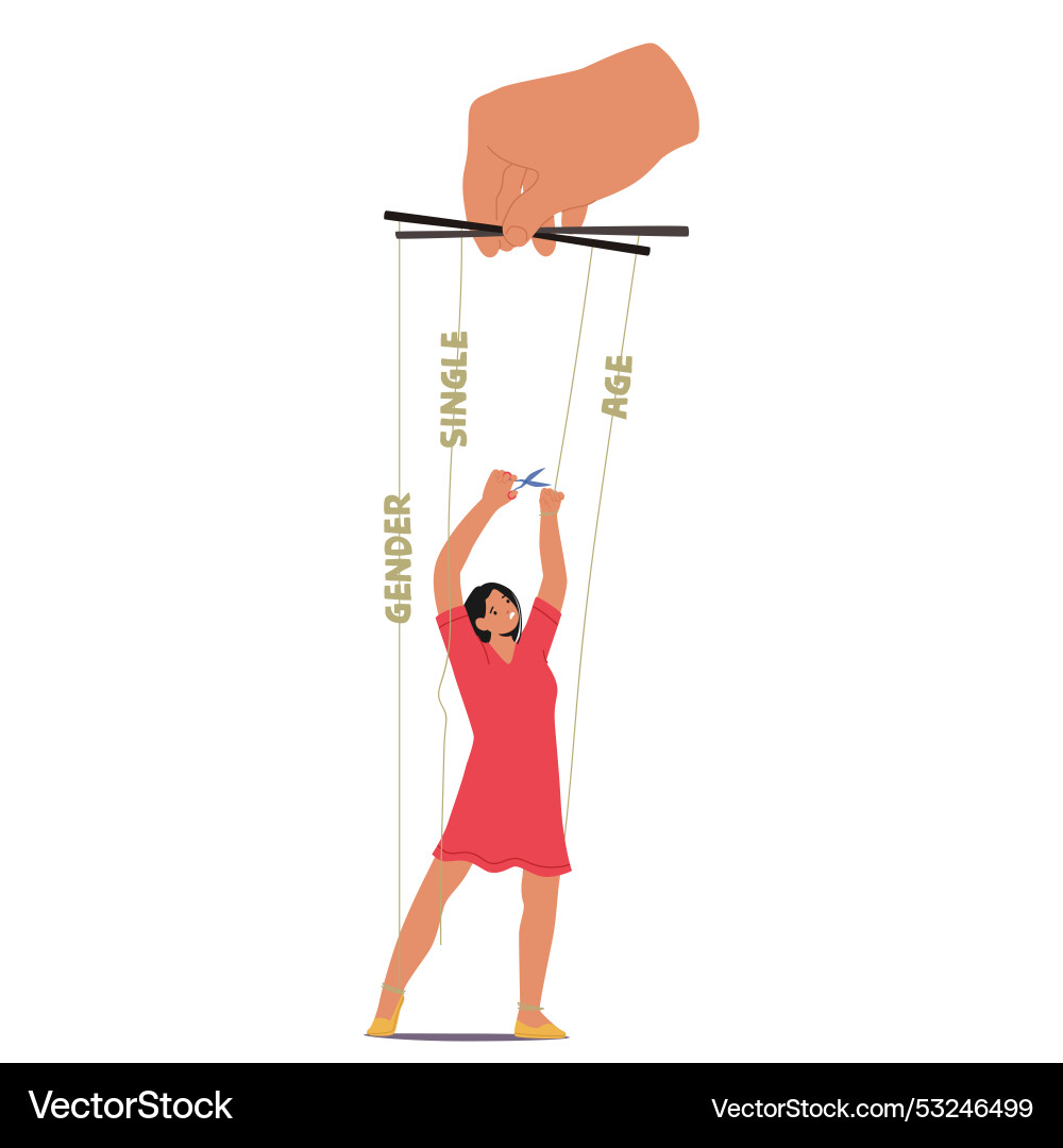 Cartoon woman character cutting puppet strings Vector Image