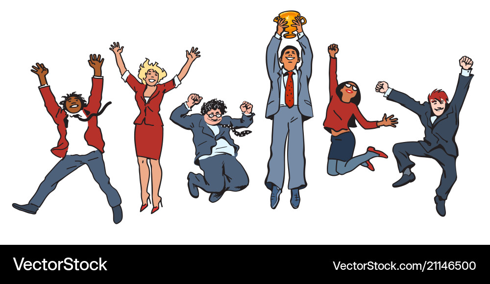 Business team jumping wit winning cup Royalty Free Vector