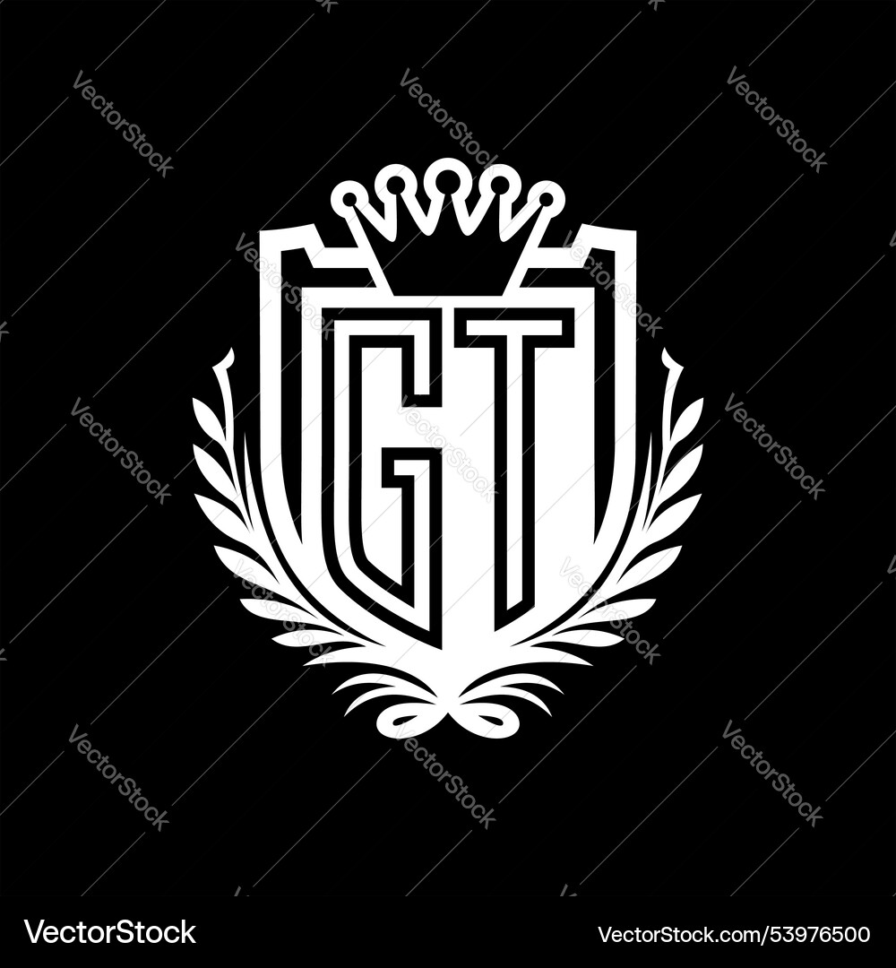 Gt letter logo heraldic shield shape with crown Vector Image