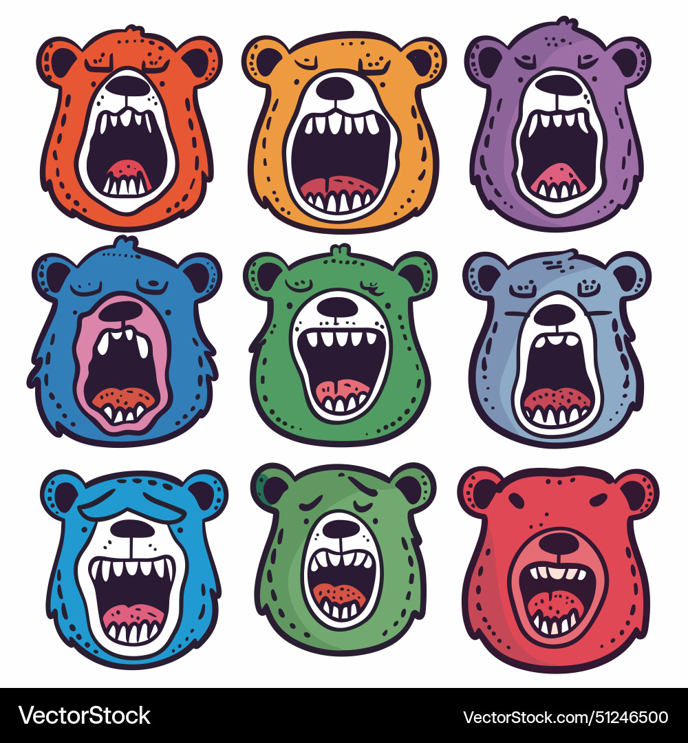 Nine cartoon bear faces roar colorful Royalty Free Vector