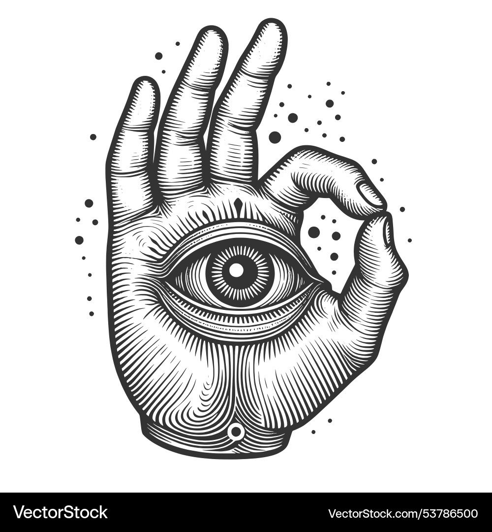 Surreal hand with eye in ok gesture Royalty Free Vector