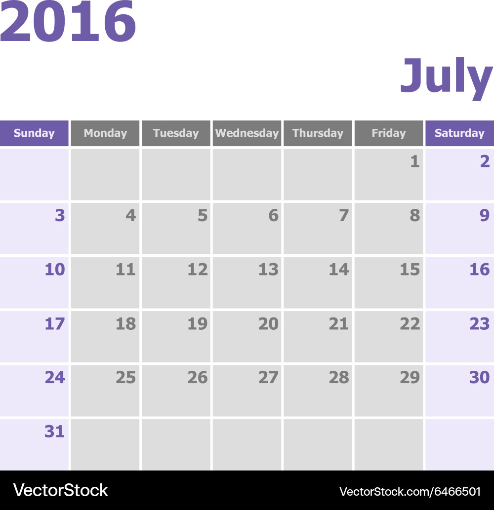 Calendar july 2016 week starts from sunday Vector Image