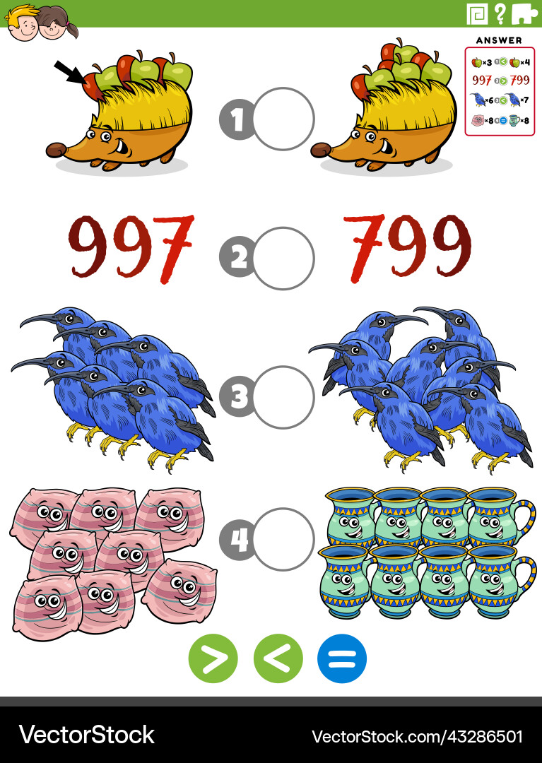 Greater less or equal math cartoon worksheet Vector Image