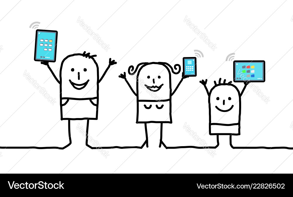 Cartoon family holding connected digital tablets Vector Image