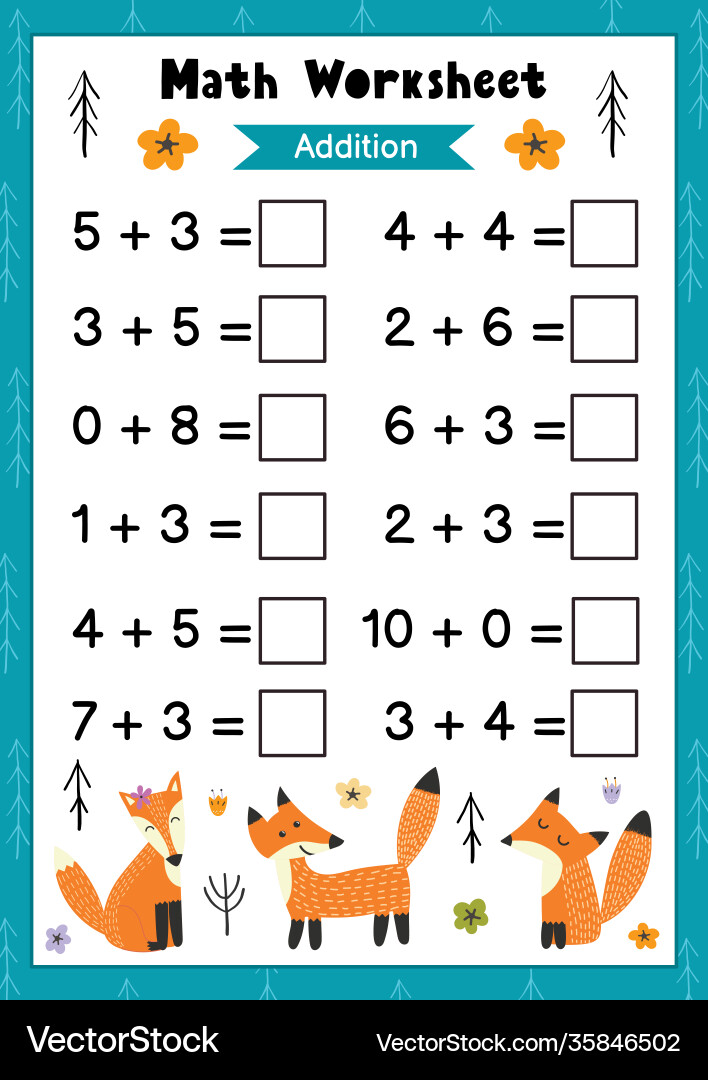 Cute Addition Worksheet for Kids - Foxes Vector Image