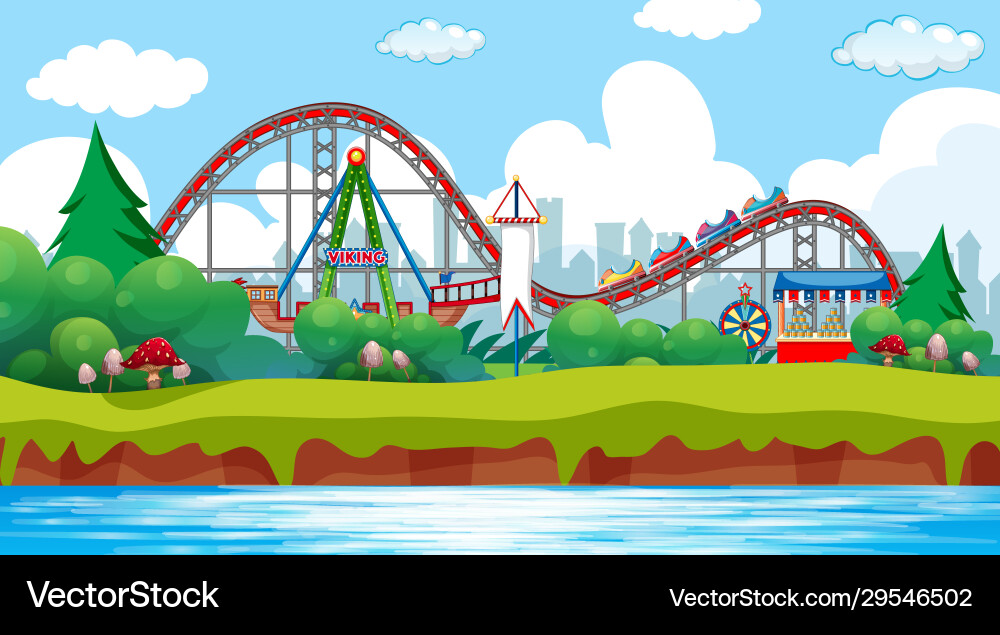 Scene with roller coaster and viking ship Vector Image