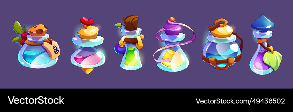 Set of glass bottles with magic elixir Royalty Free Vector