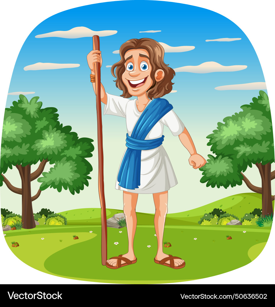 Smiling cartoon shepherd with staff in green Vector Image