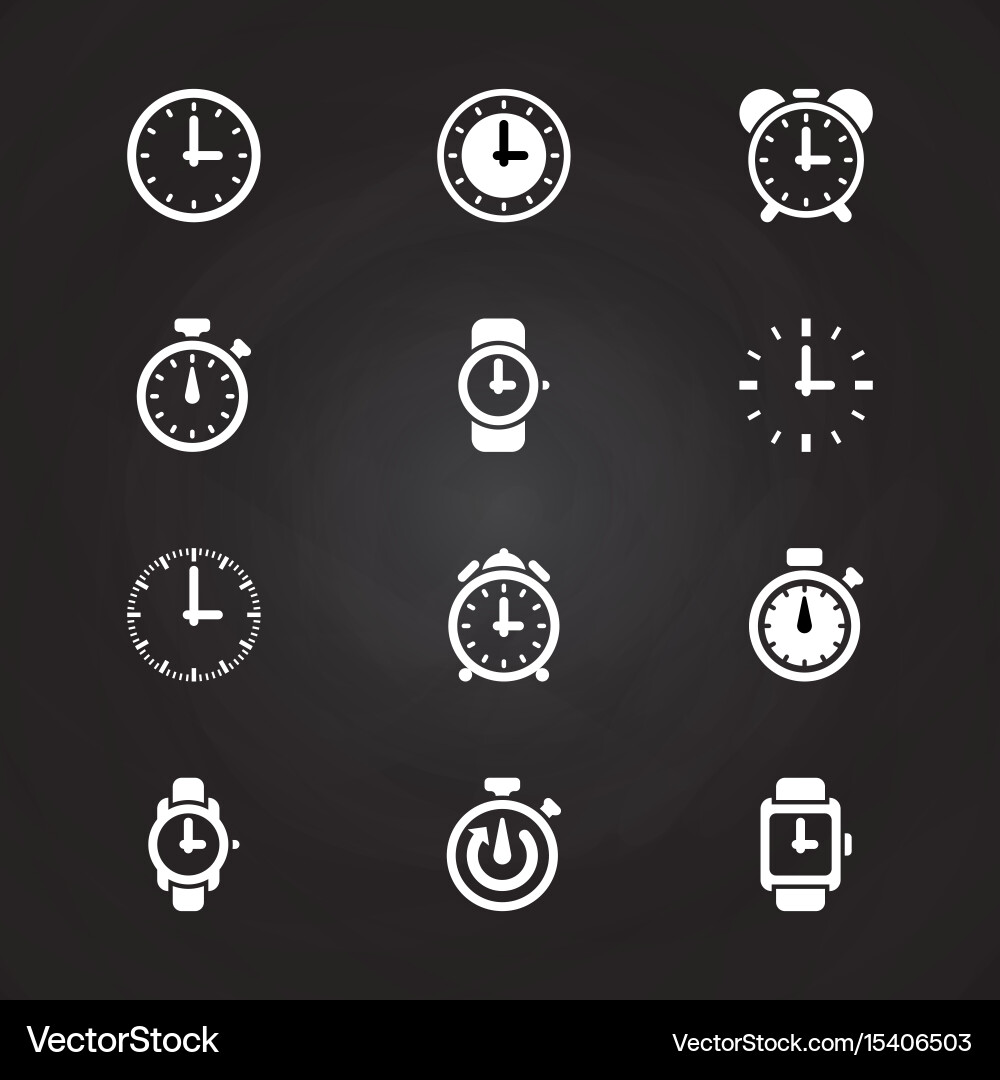 Clock and time icons set on blackboard Royalty Free Vector