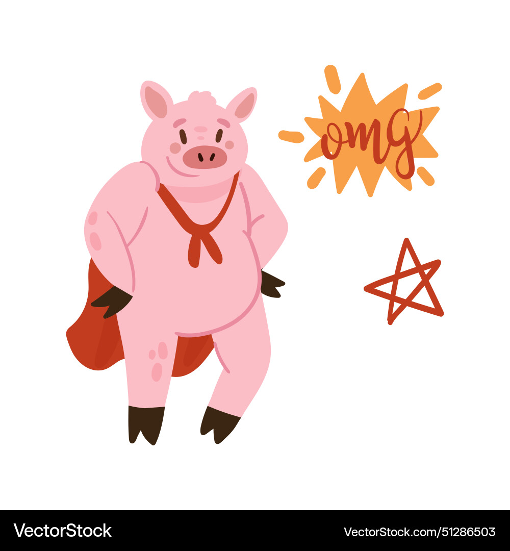 Cute pink pig in superhero cape standing Vector Image