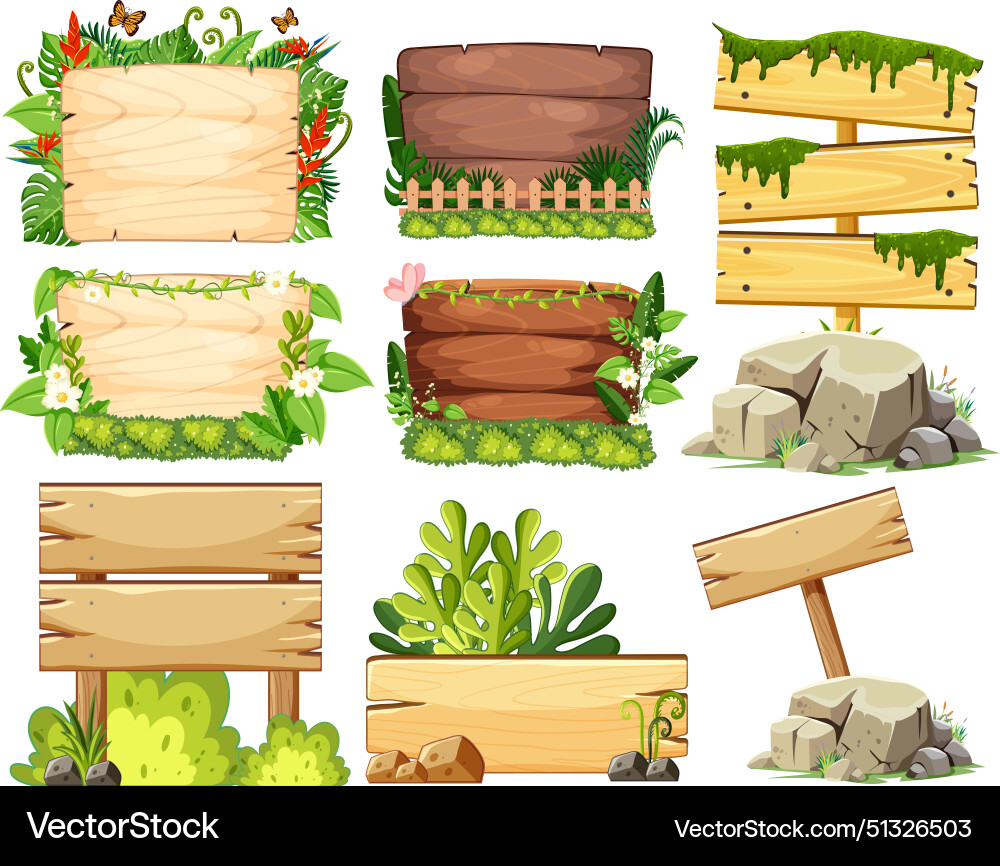 Various wooden signs surrounded by lush greenery Vector Image