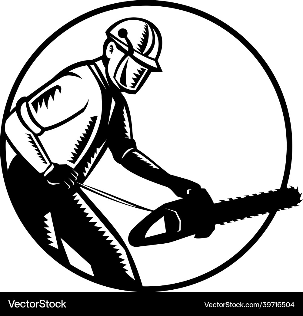 Arborist with chainsaw side view woodcut circle Vector Image