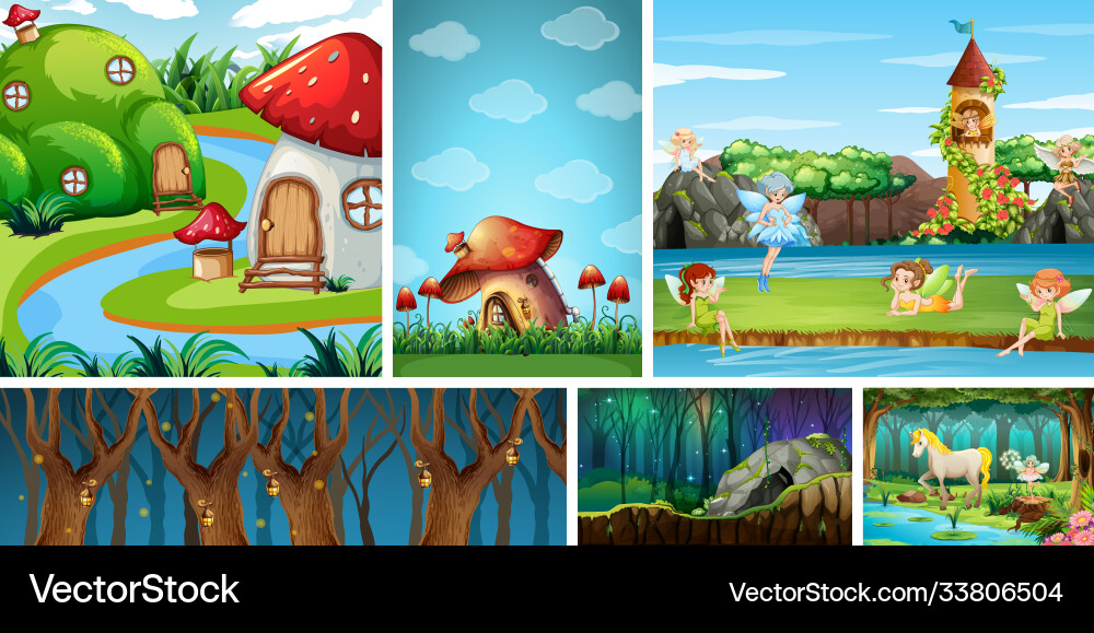 Six different scene fantasy world Royalty Free Vector Image