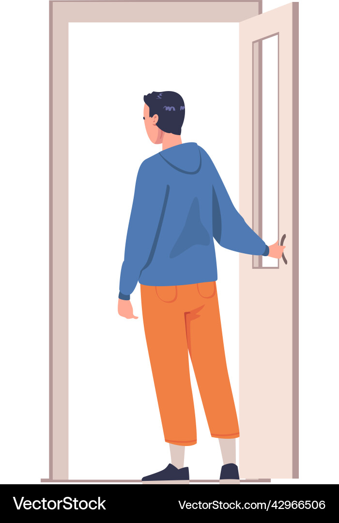 Man character at open door leaving home going out Vector Image