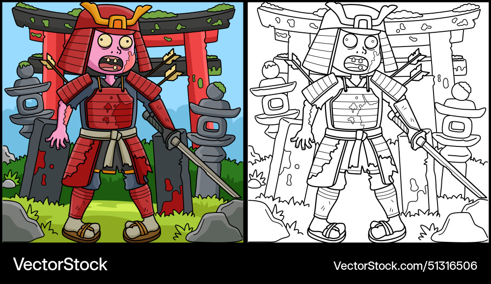 Zombie samurai coloring page colored Royalty Free Vector