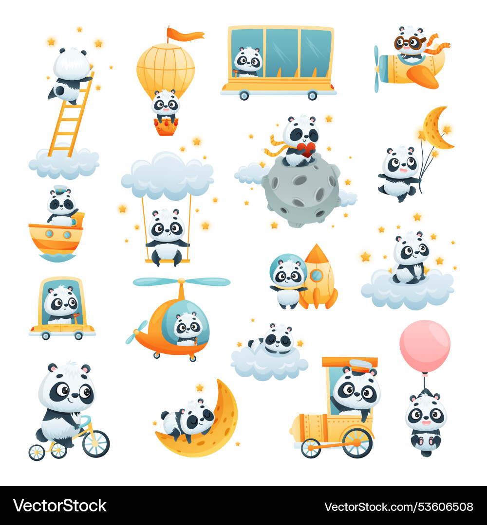 Happy panda animal character engaged in different Vector Image