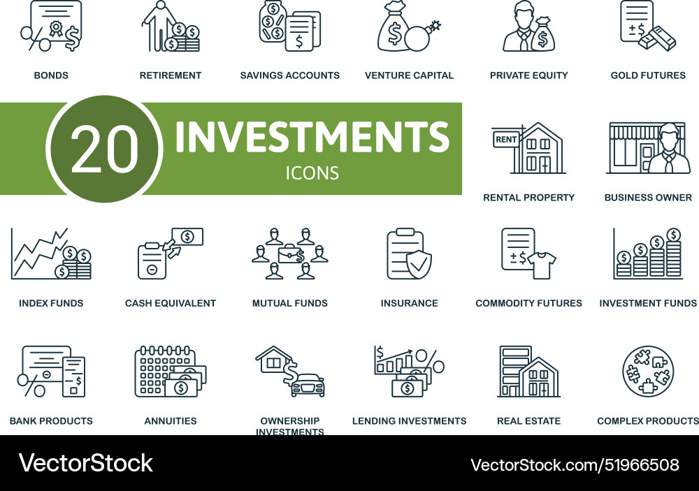 Investments thin line icon set bonds retirement Vector Image