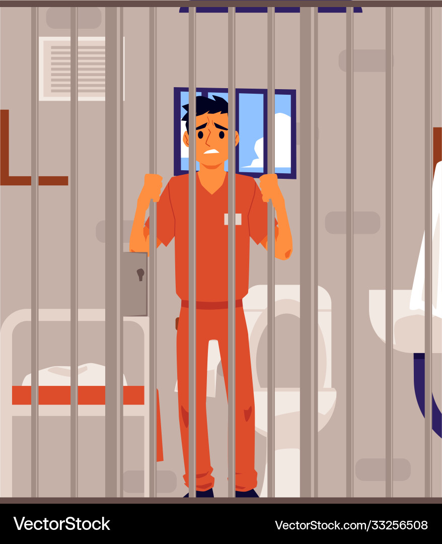Sad criminal in prison cell looking through metal Vector Image