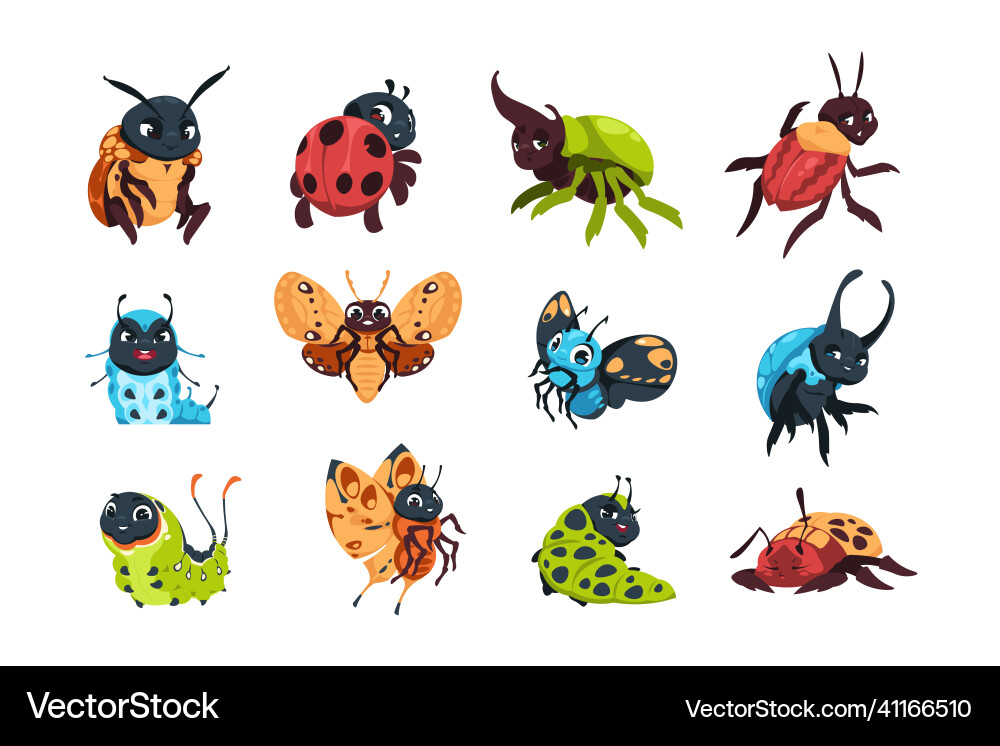 Cartoon bugs cute happy ladybug caterpillar Vector Image