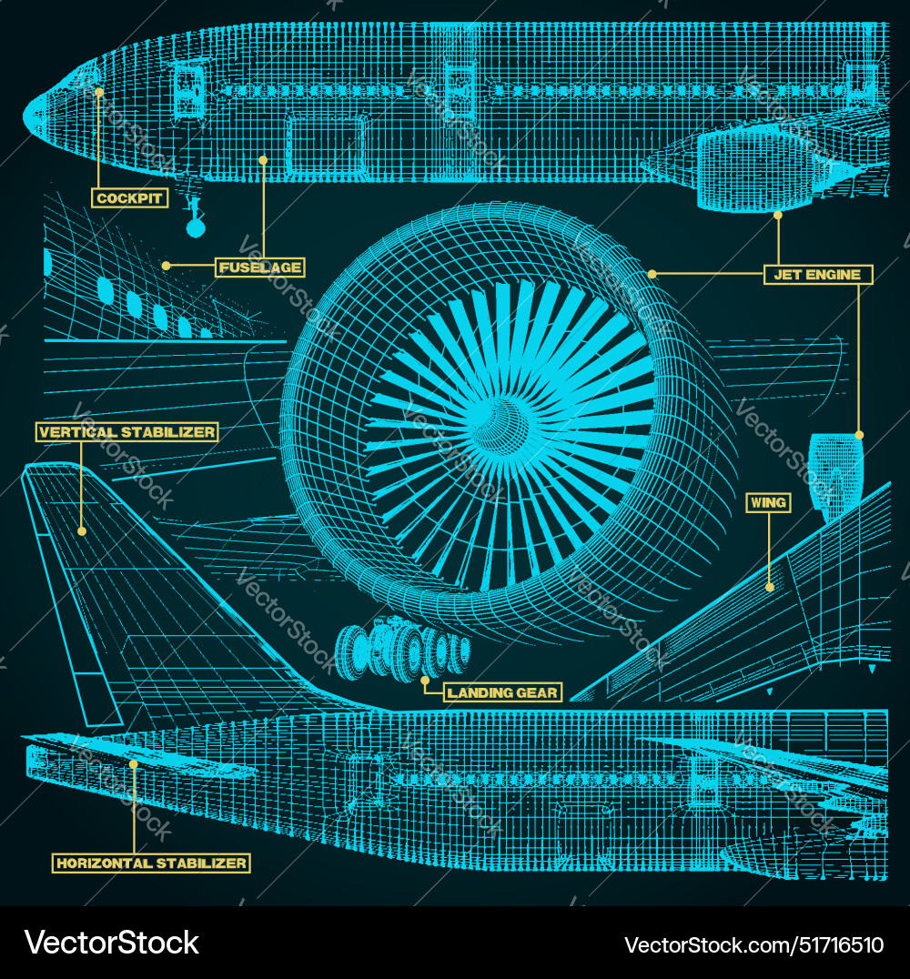 Civil aircraft blueprints fragments Royalty Free Vector