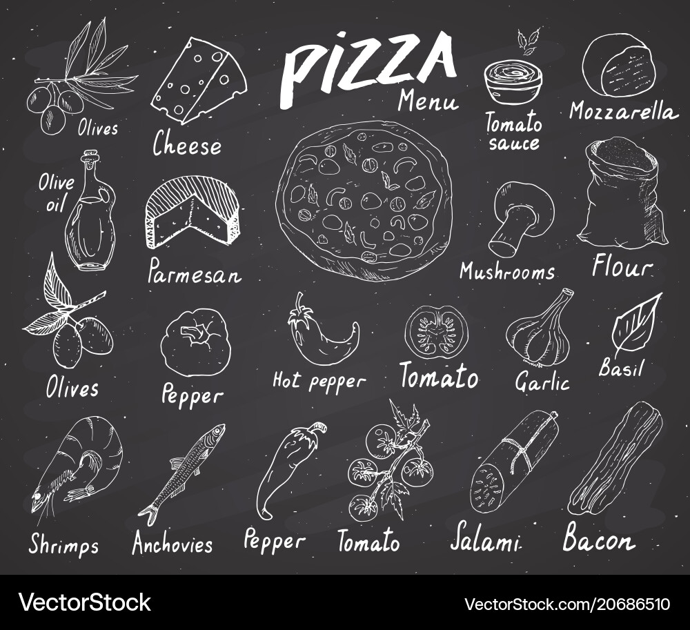 Pizza menu hand drawn sketch set Royalty Free Vector Image