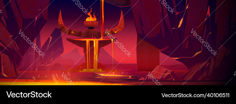 Ancient stone altar with devil horns in lava lake Vector Image