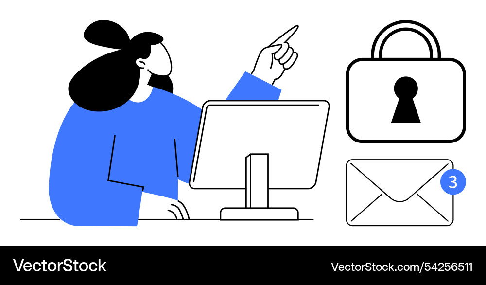 Woman at desk working on computer with secured Vector Image
