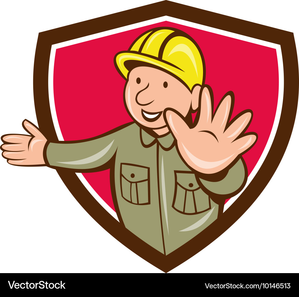 Builder hand stop signal crest cartoon Royalty Free Vector
