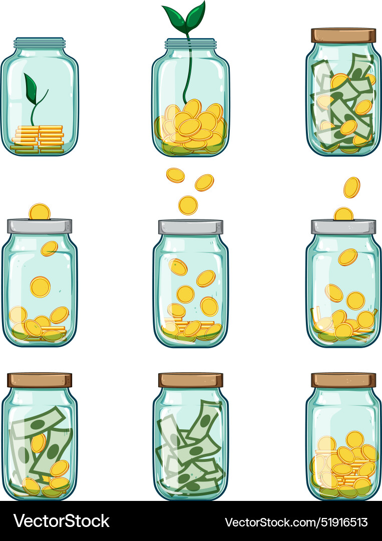 Coin jar set cartoon Royalty Free Vector Image