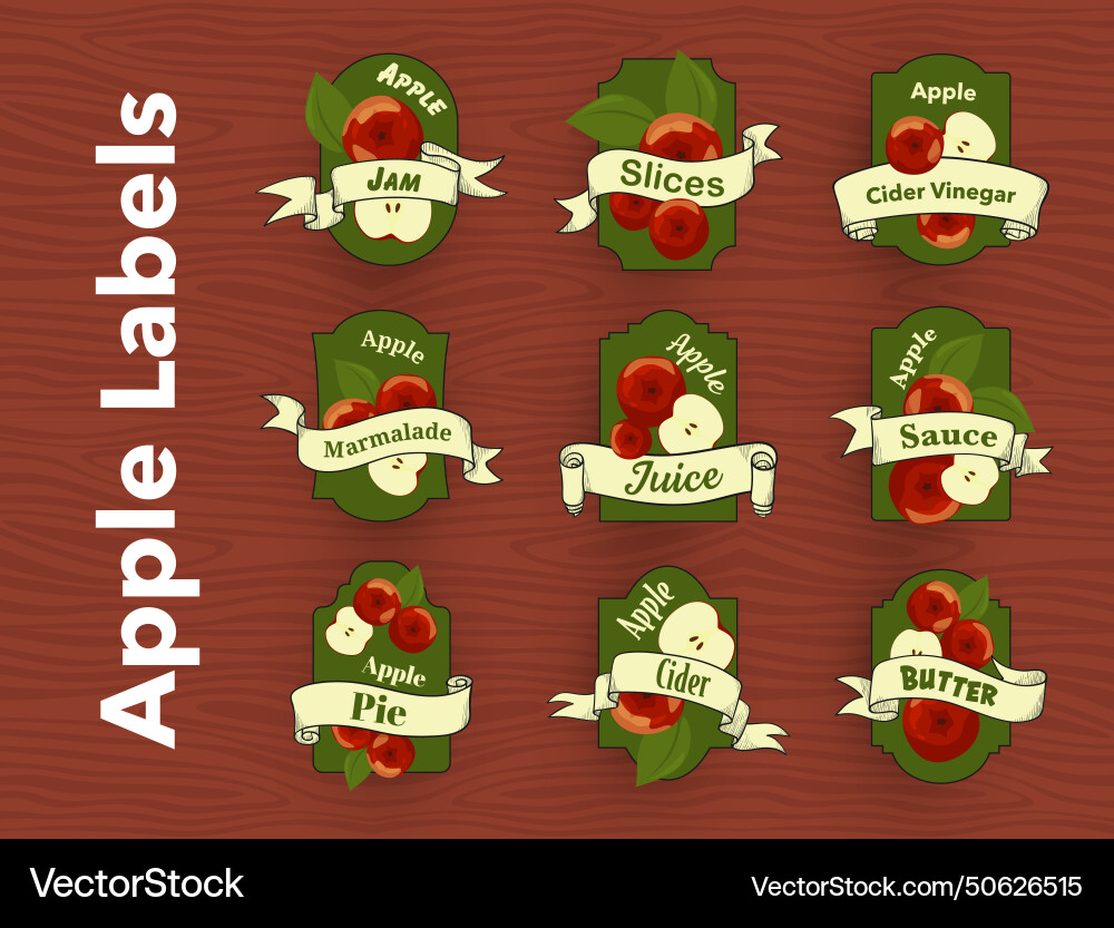 Apple food and drink labels jam pie cider sauce Vector Image
