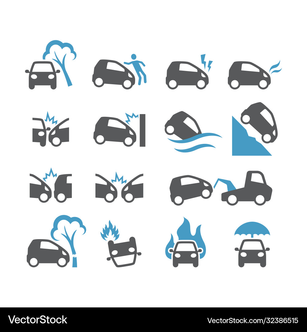 Auto Unfallversicherung schwarz Ikonensatz Vektorbild
