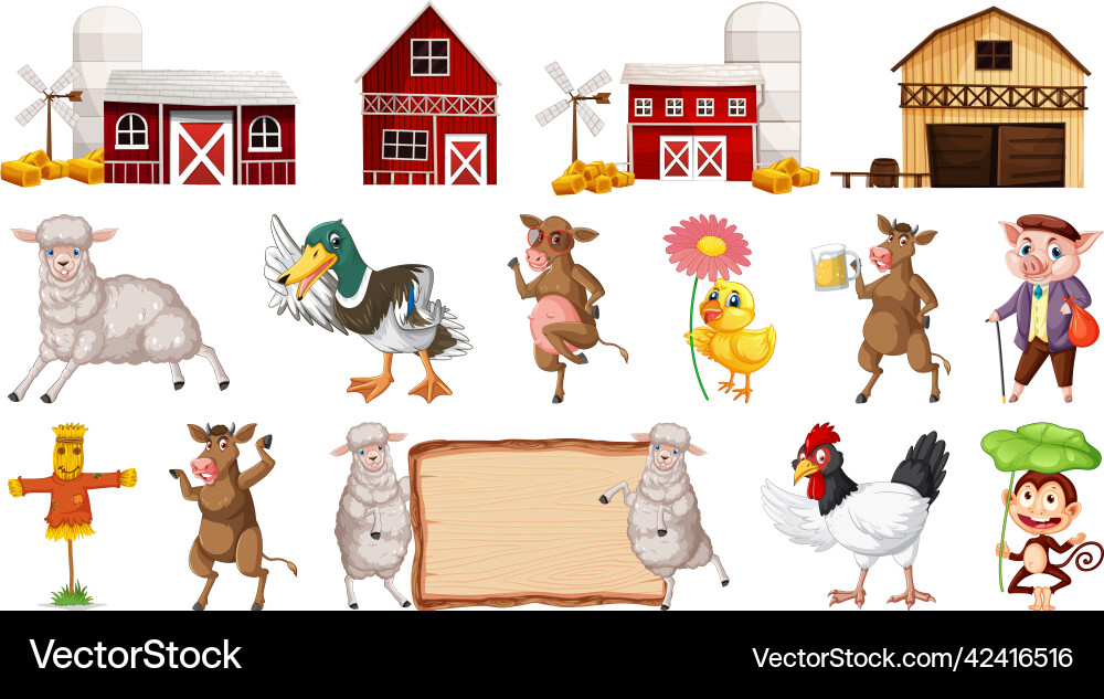 Barn buildings and many farm animals Royalty Free Vector