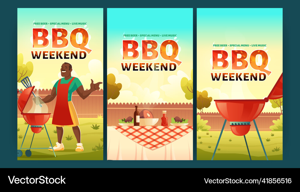 Bbq weekend banners with man and grill on backyard