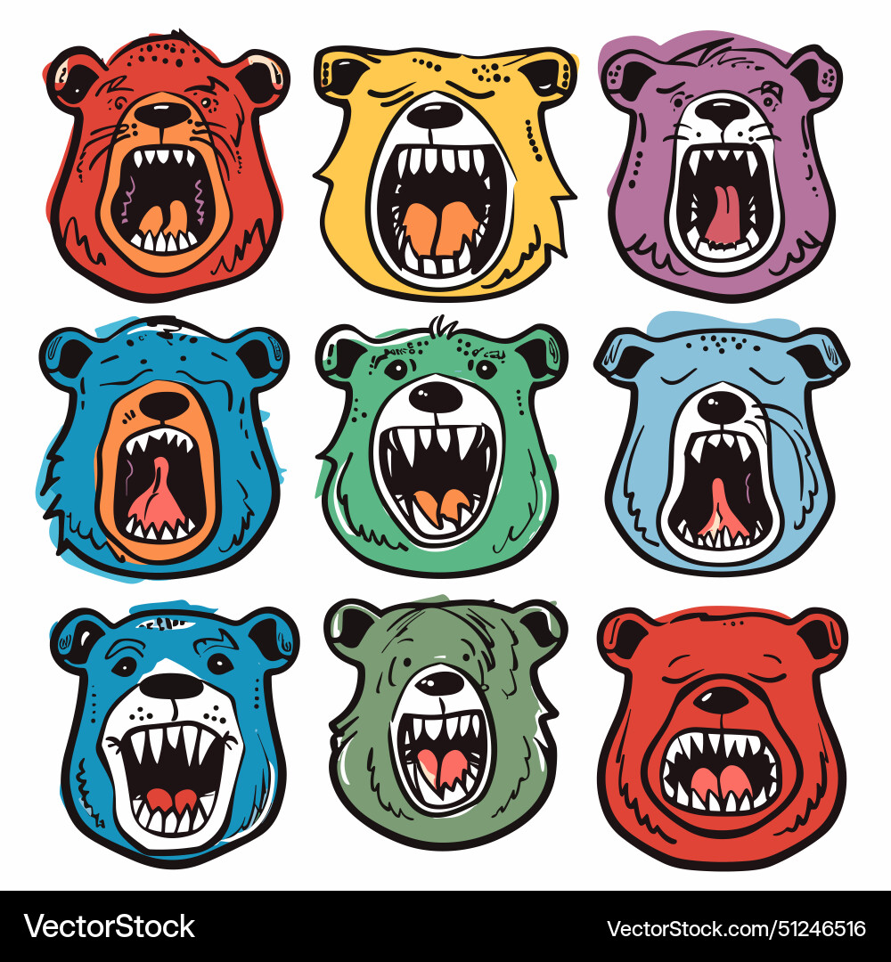 Nine cartoon bear faces expressing aggression Vector Image