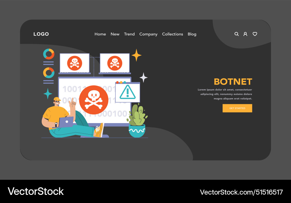 Botnet attack dark or night mode web landing Vector Image