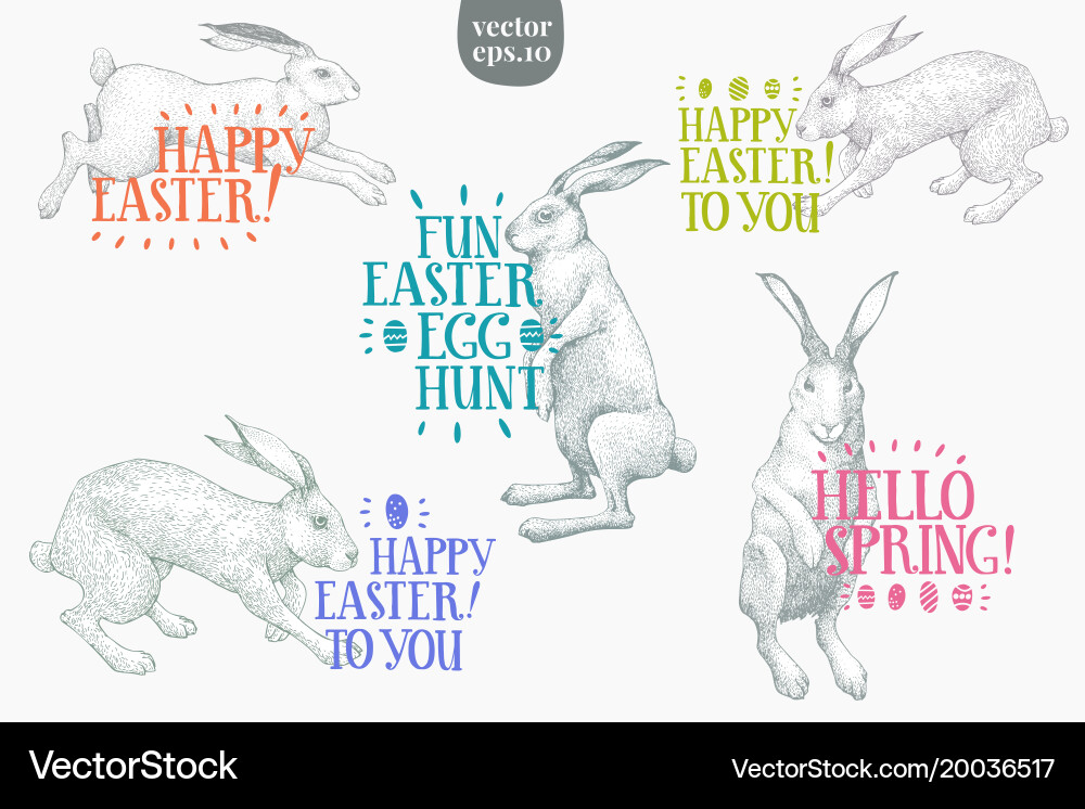 Hand drawn easter rabbits with greeting lettering Vector Image
