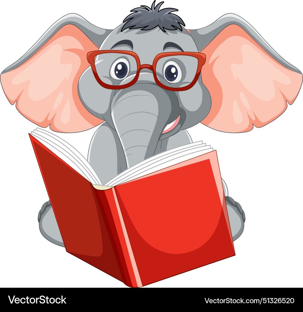 Cartoon elephant wearing glasses reading a book Vector Image