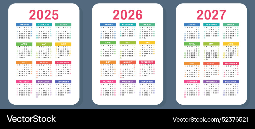 2025 2026 and 2027 calendar set pocket calender Vector Image