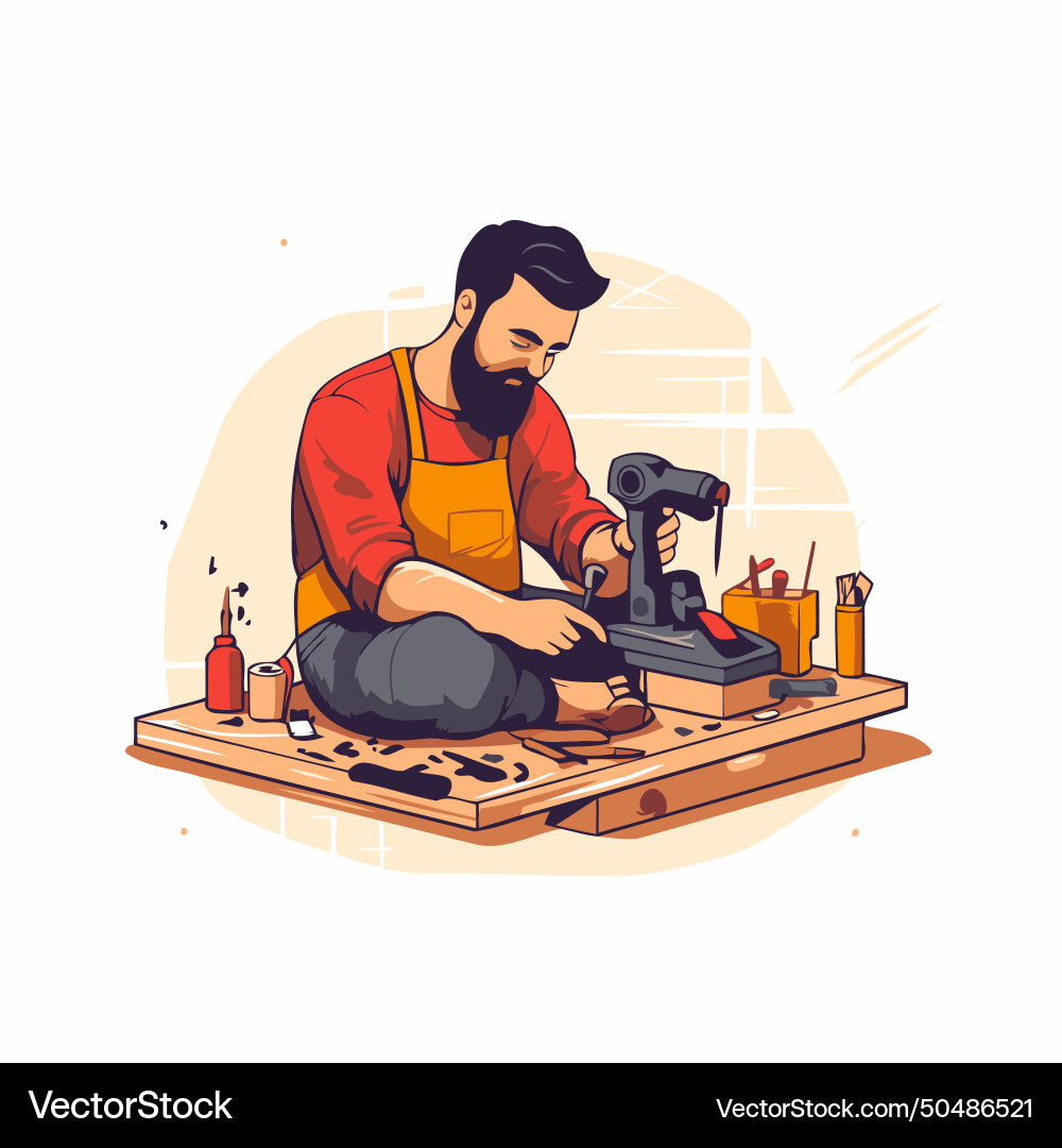 Carpenter working in his workshop cartoon style Vector Image