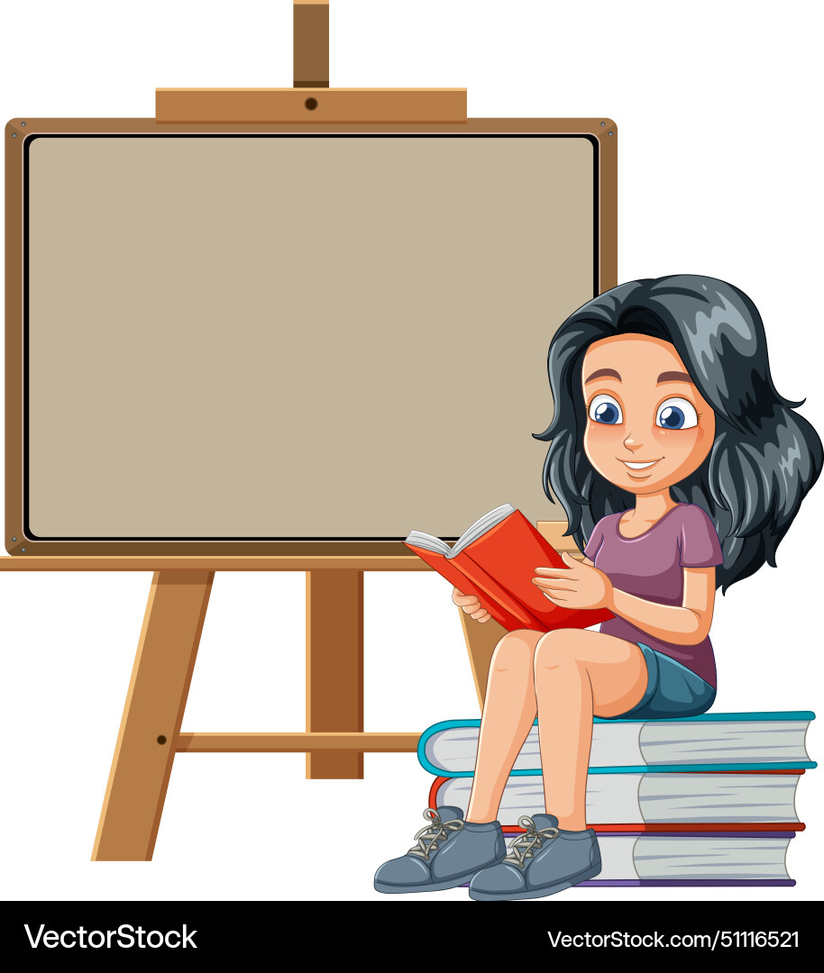 Cartoon girl reading book on stack of books Vector Image
