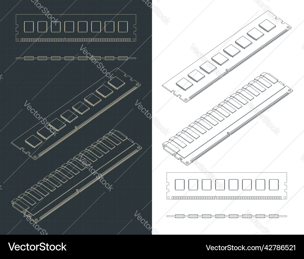 Ram module with and without heatsink blueprints Vector Image