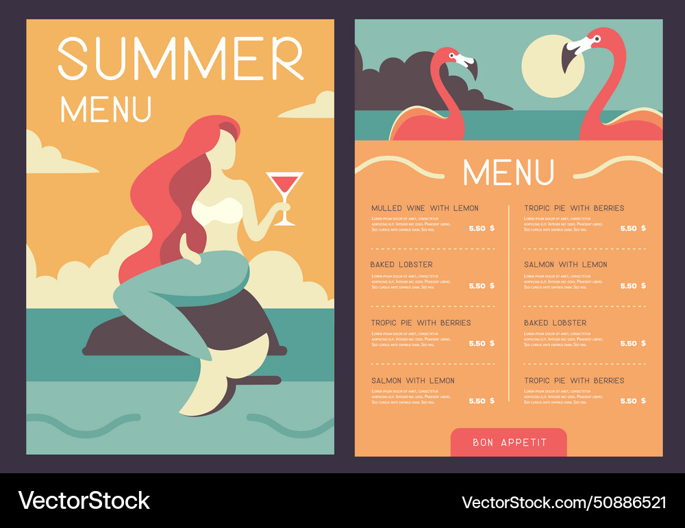Retro summer restaurant menu design with mermaid Vector Image