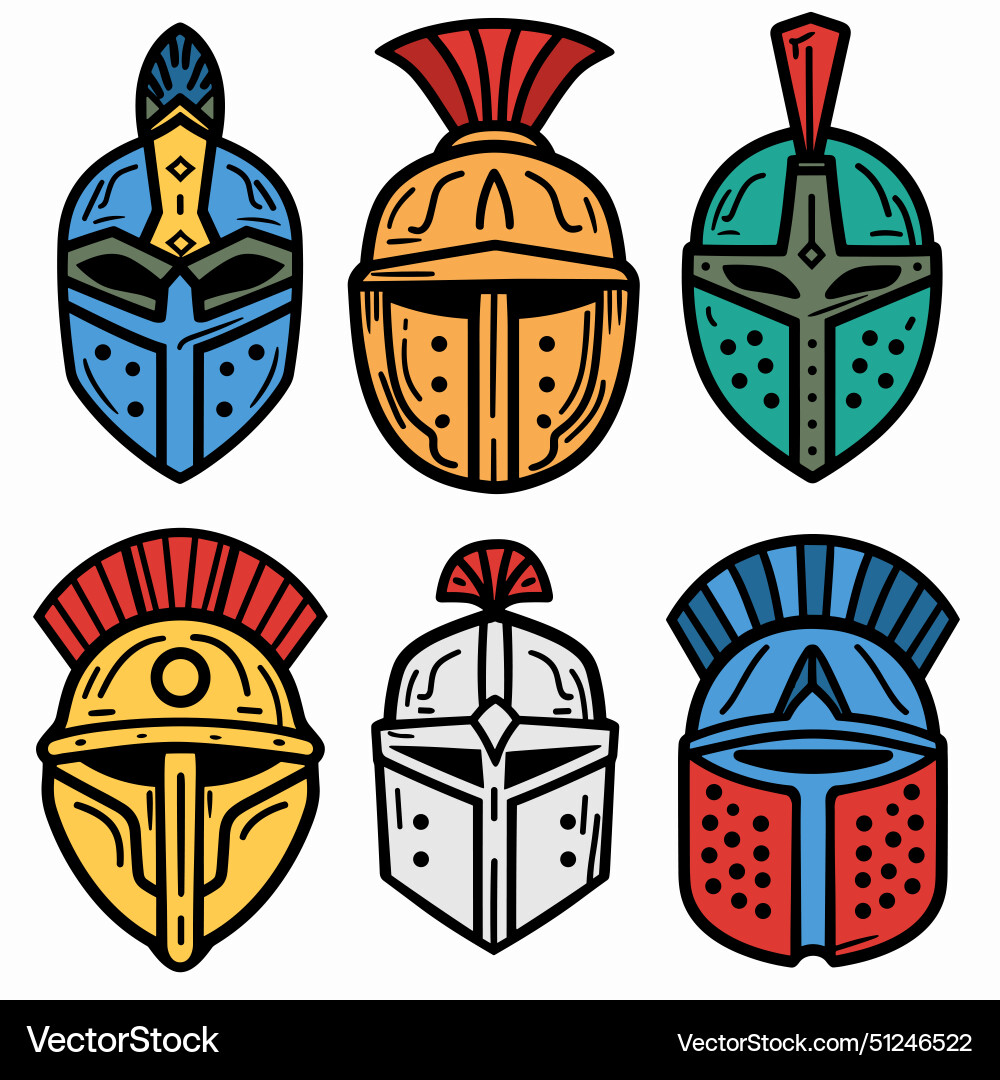 Six different medieval knight helmets Royalty Free Vector