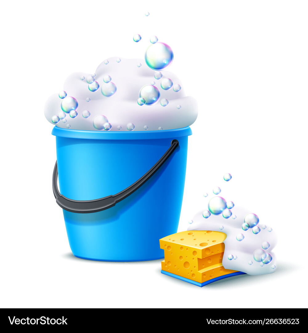 3d bucket and sponge with soapy bubbles Royalty Free Vector