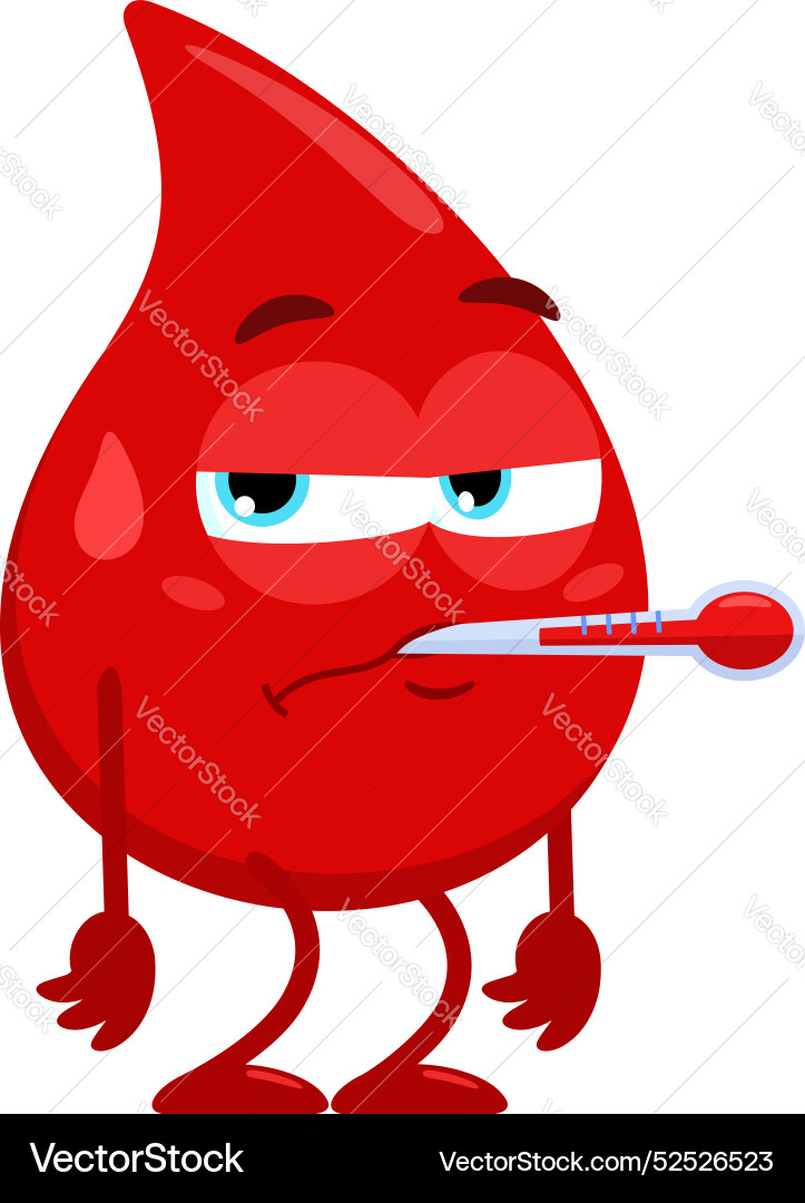 Sick red blood drop cartoon character Royalty Free Vector