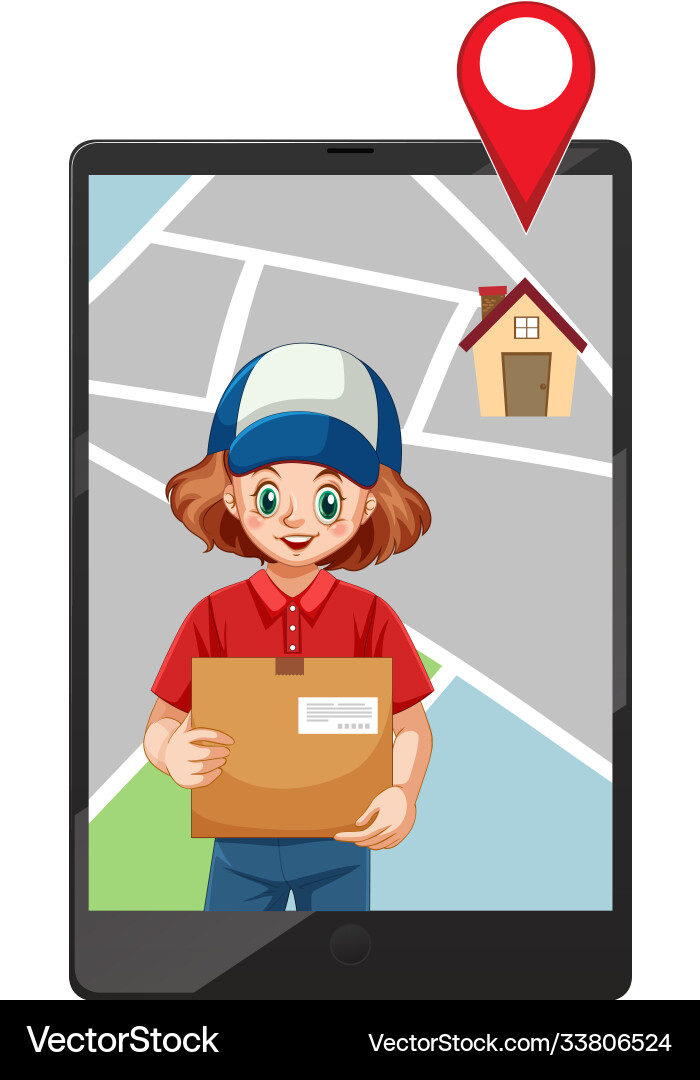 Girl delivery package icon on lablet Royalty Free Vector