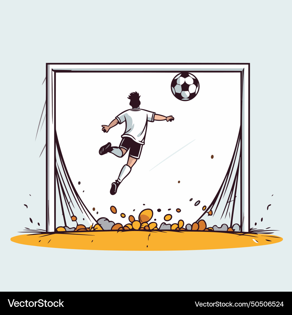 Soccer player kicks the ball into goal Royalty Free Vector